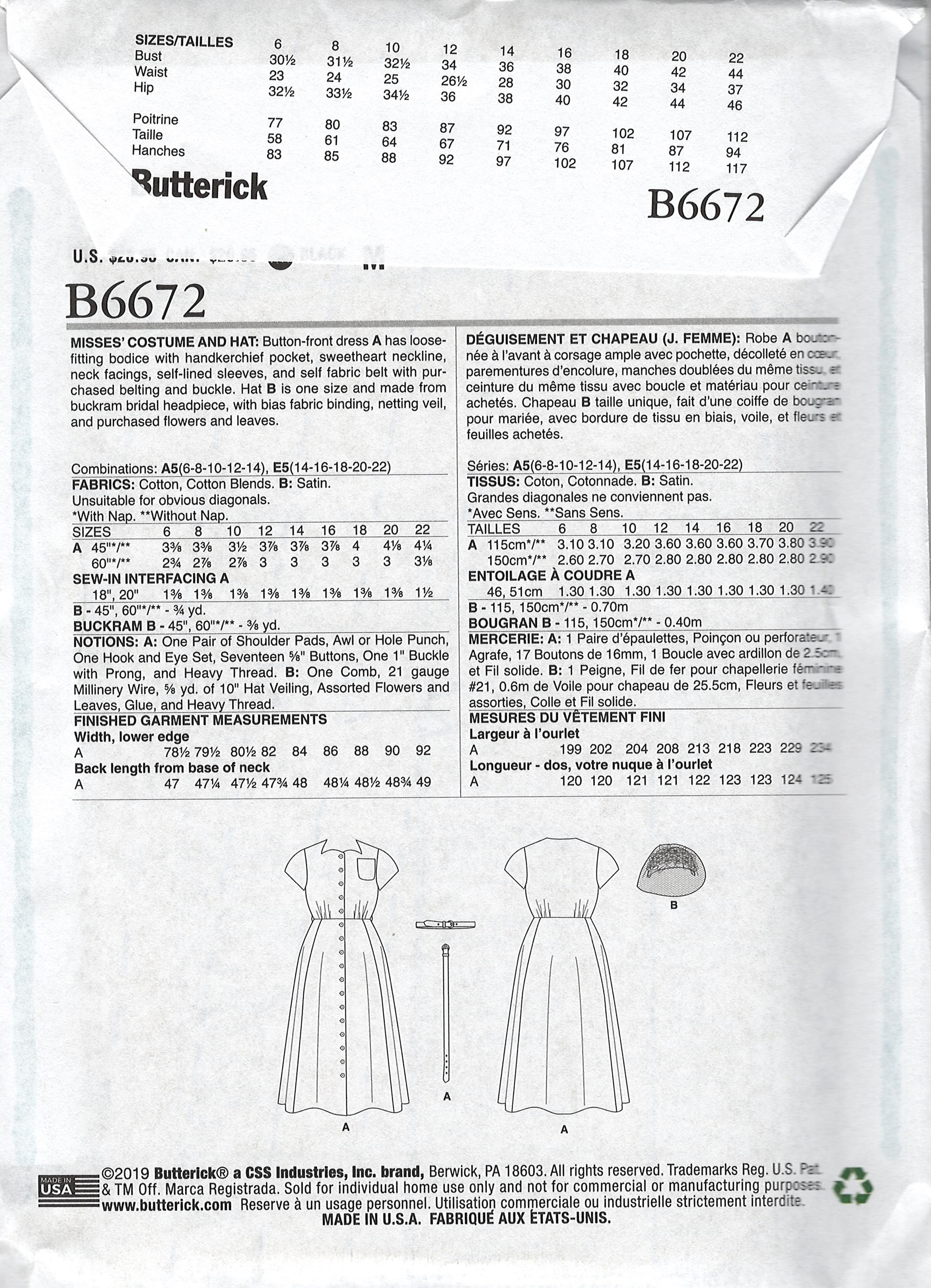 Butterick B6672 Vintage Style Button-front Dress Sewing Pattern, Size ...