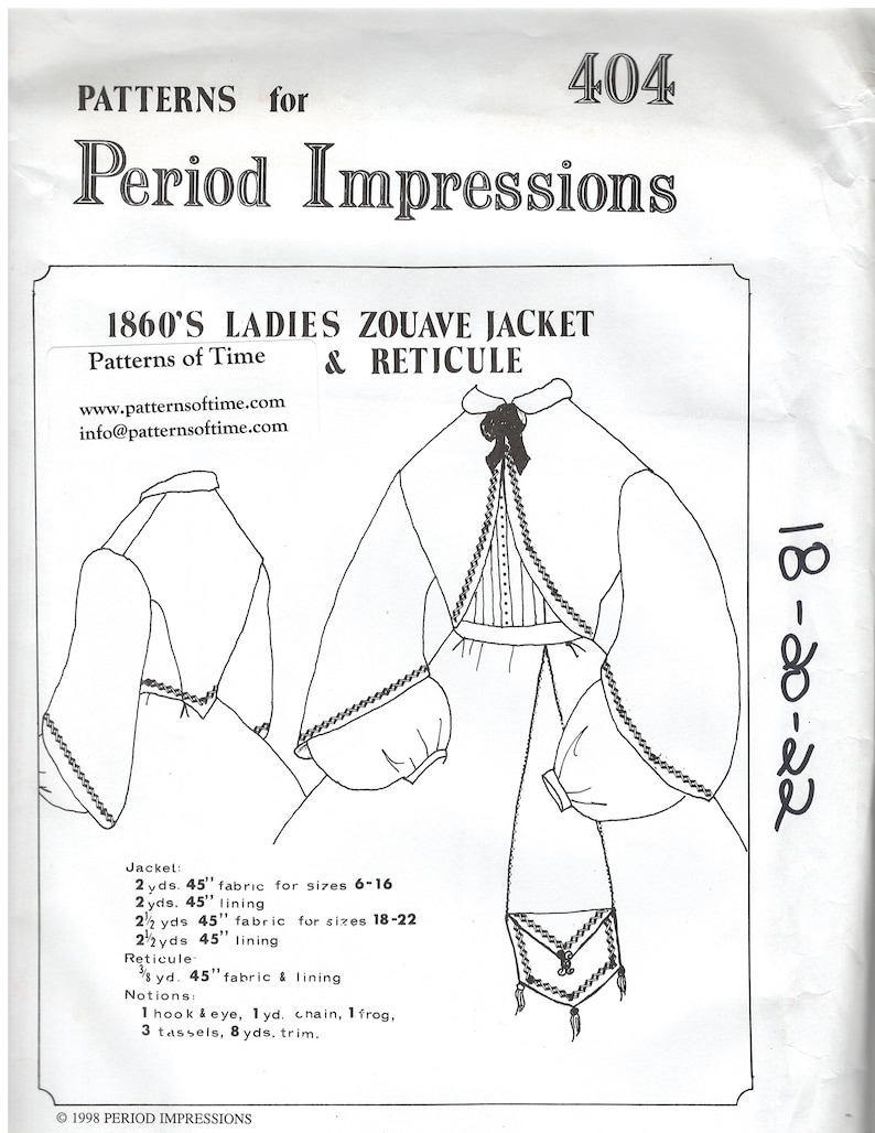 Period Impressions 404 1860s Ladies Zouave Jacket & Reticule Sewing ...