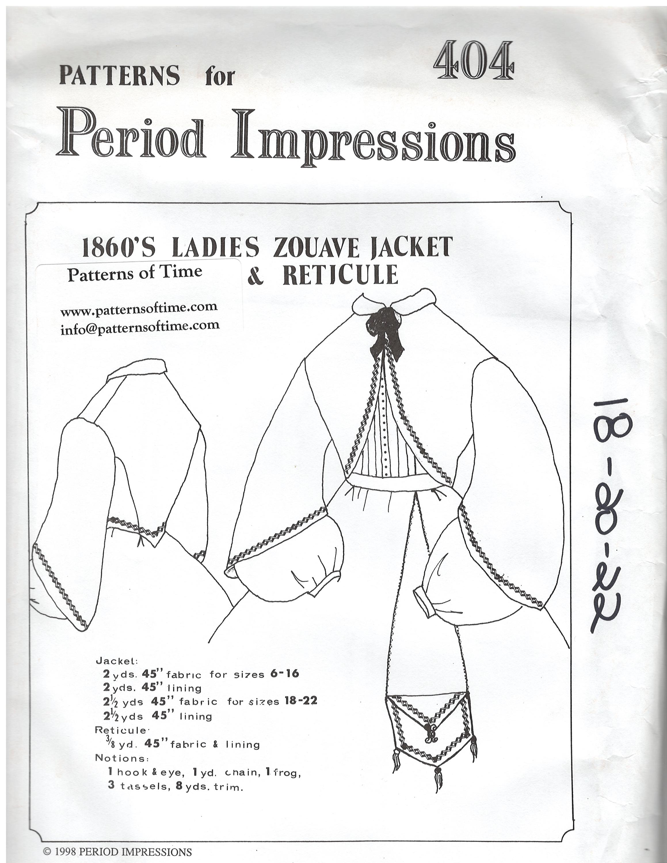 Period Impressions 404 1860s Ladies Zouave Jacket & Reticule Sewing ...