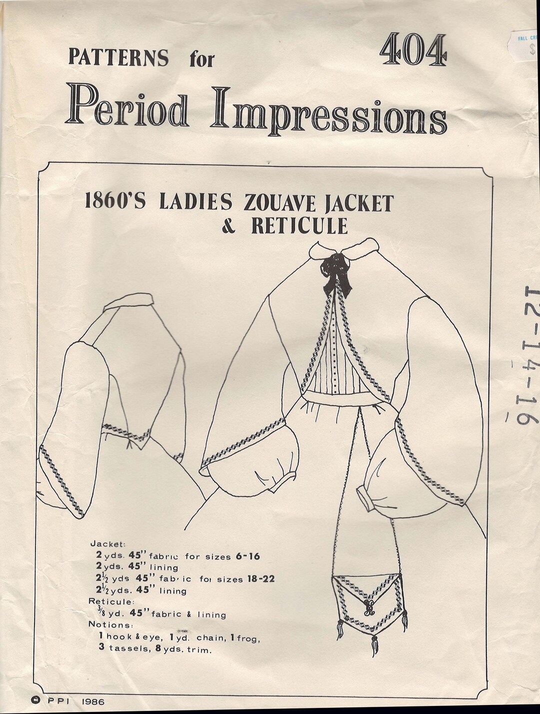 Period Impressions 404 1860s Ladies Zouave Jacket & Reticule Sewing ...