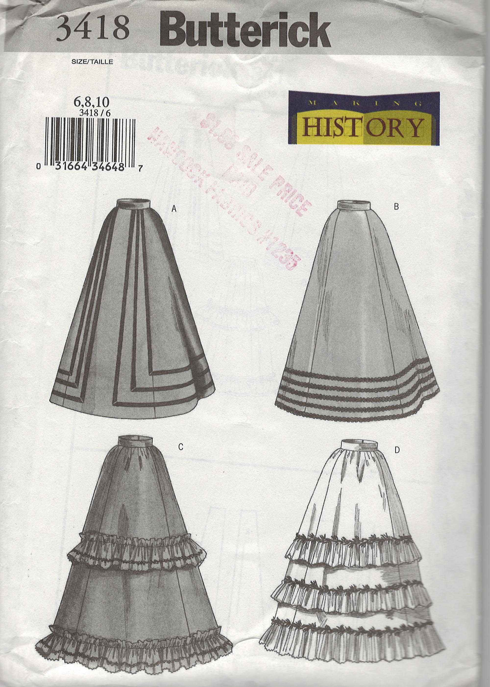 Butterick 3418 1880s-1890s Skirt Sewing Pattern, Sizes 6-10, 12-16, 18 ...