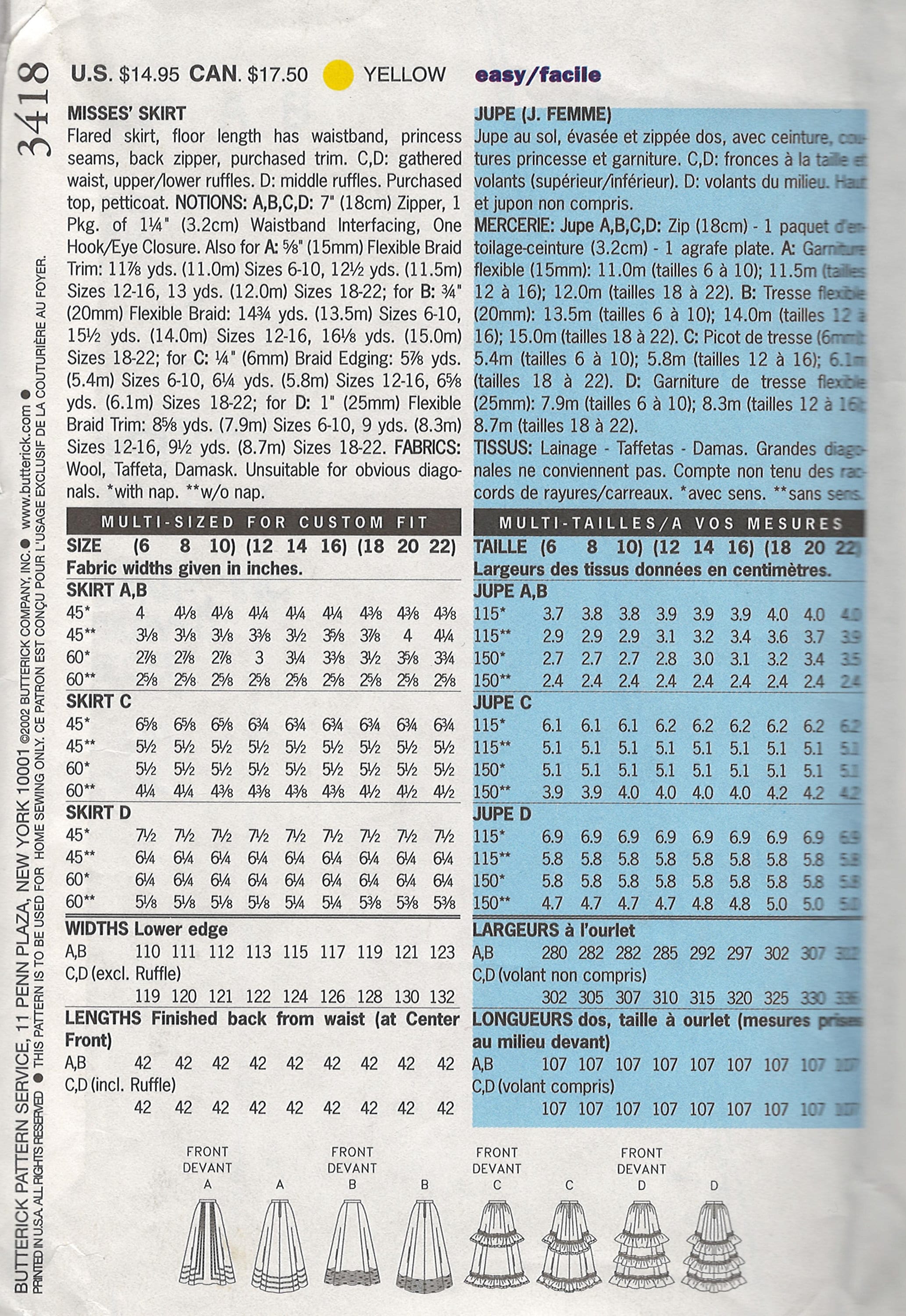 Butterick 3418 1880s-1890s Skirt Sewing Pattern, Sizes 6-10, 12-16, 18 ...