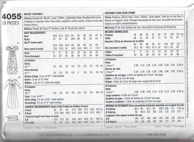 Simplicity 4055 Misses' Costumes Regency Era Empire Line - Etsy