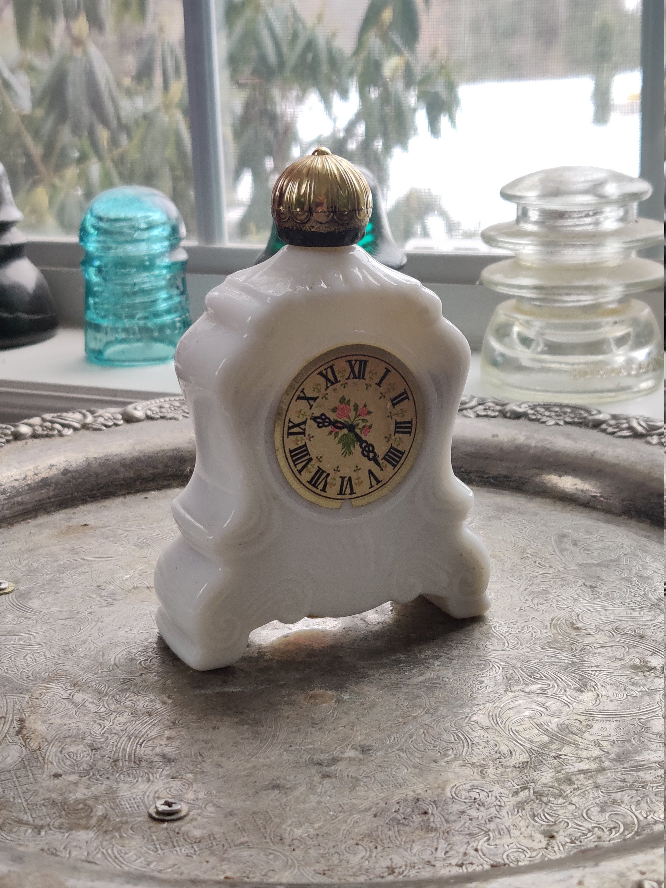 Collectible Avon Milk Glass Clock BottleLeisure Hours Charisma Foaming Bath Oil Collectibles ...