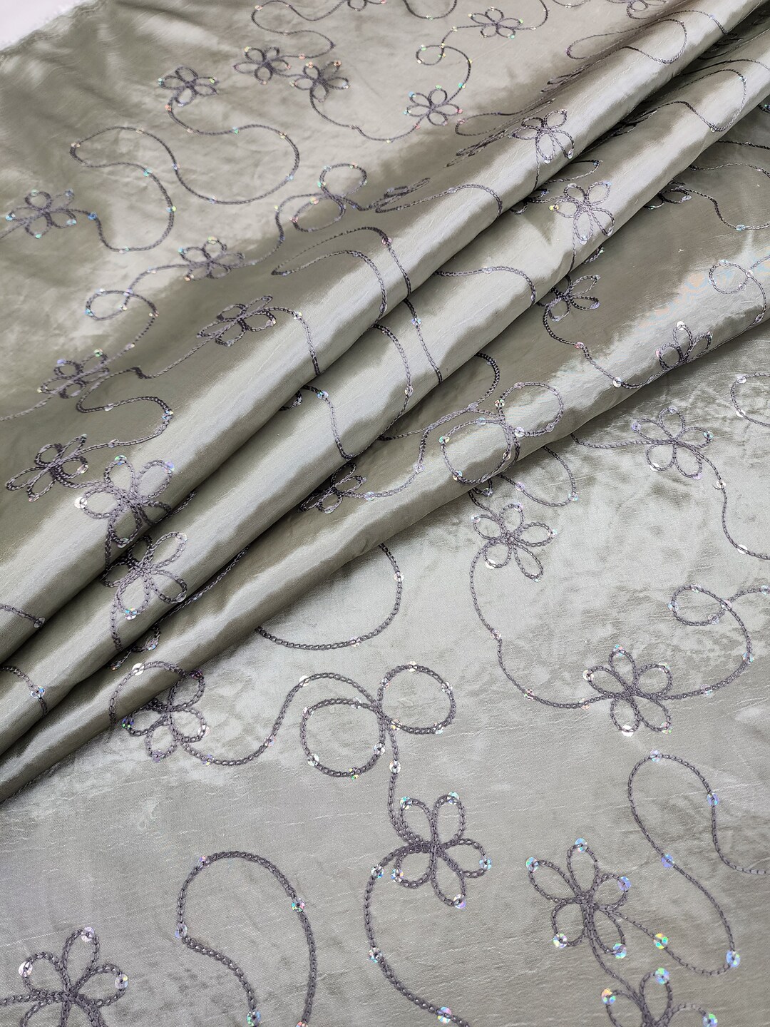 SILVER Floral Embroidery With Sequins on Taffeta Fabric by the Yard for ...