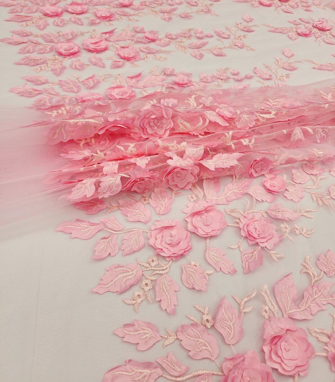 PINK 3D Polyester Floral Embroidery on Mesh Lace Fabric by the Yard for ...