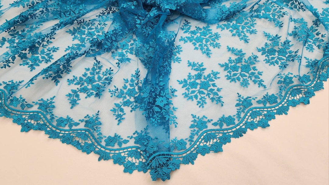 Turquoise Embroidery Floral on Mesh Lace Fabric by the Yard for Evening ...