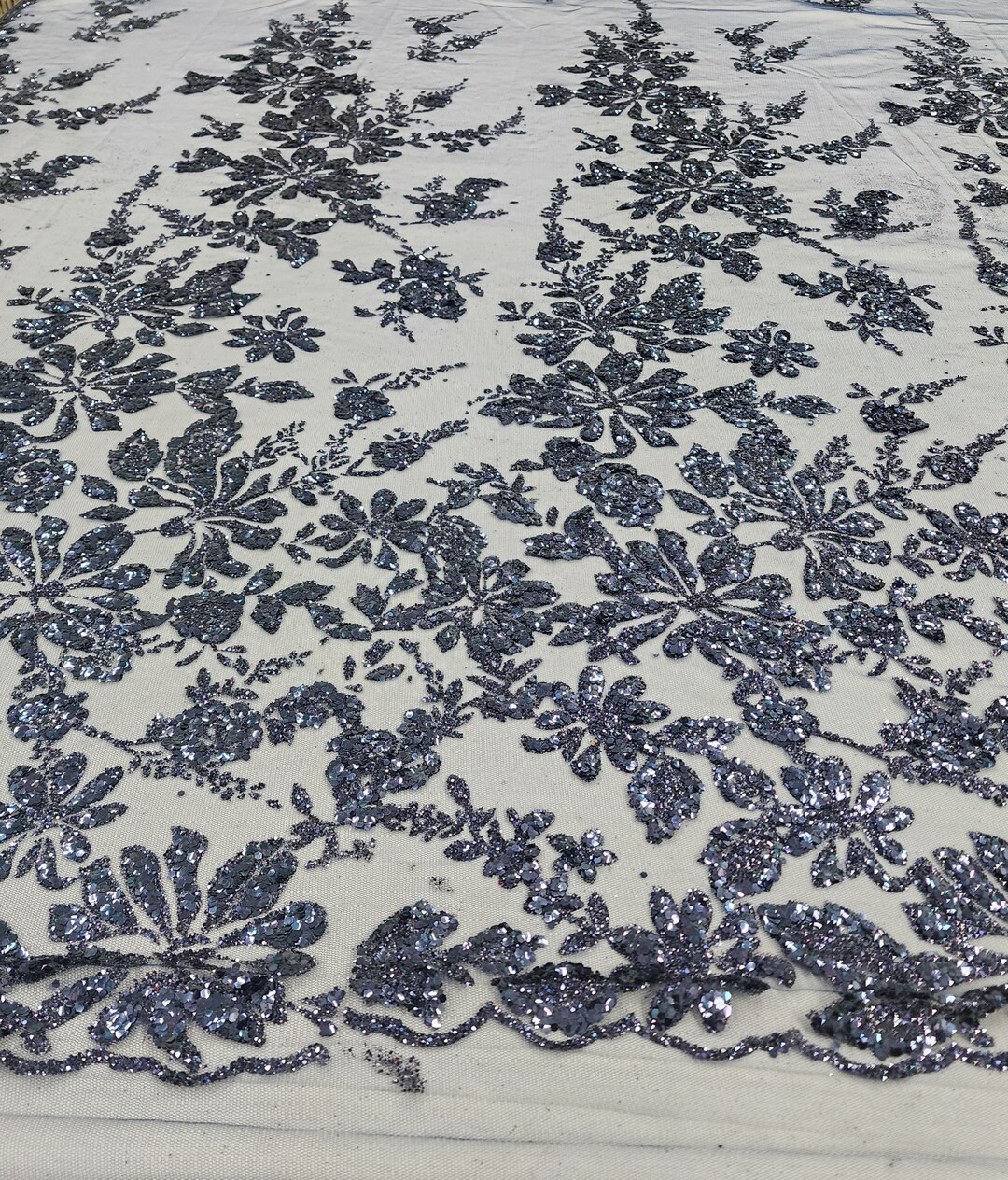 Navy Blue Floral Glitter Sparkle Design on Mesh Lace Fabric by the Yard for High Fasion Wedding ...