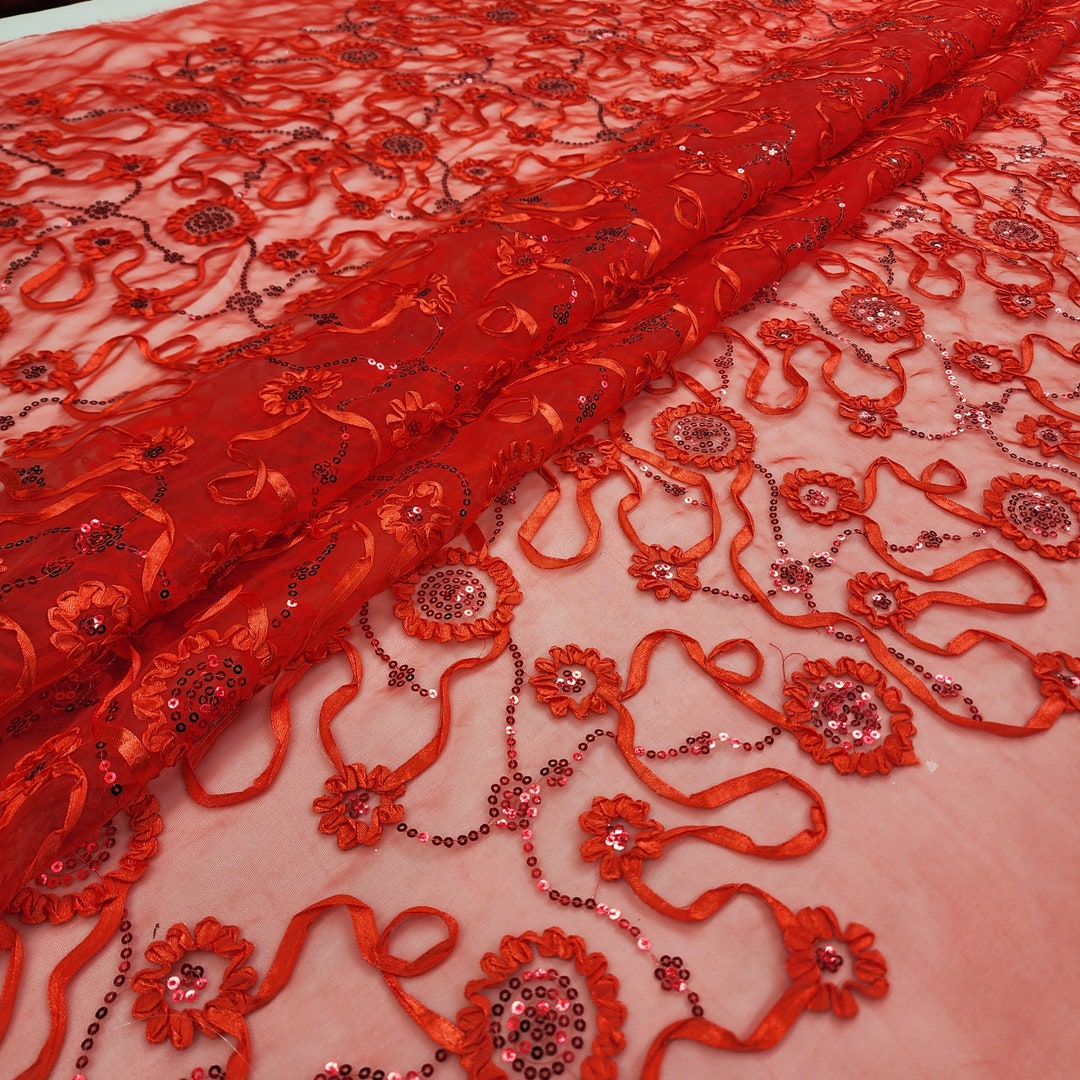 RED Floral Organza Fabric Sold by the Yard - Corded Floral 0n Organza ...