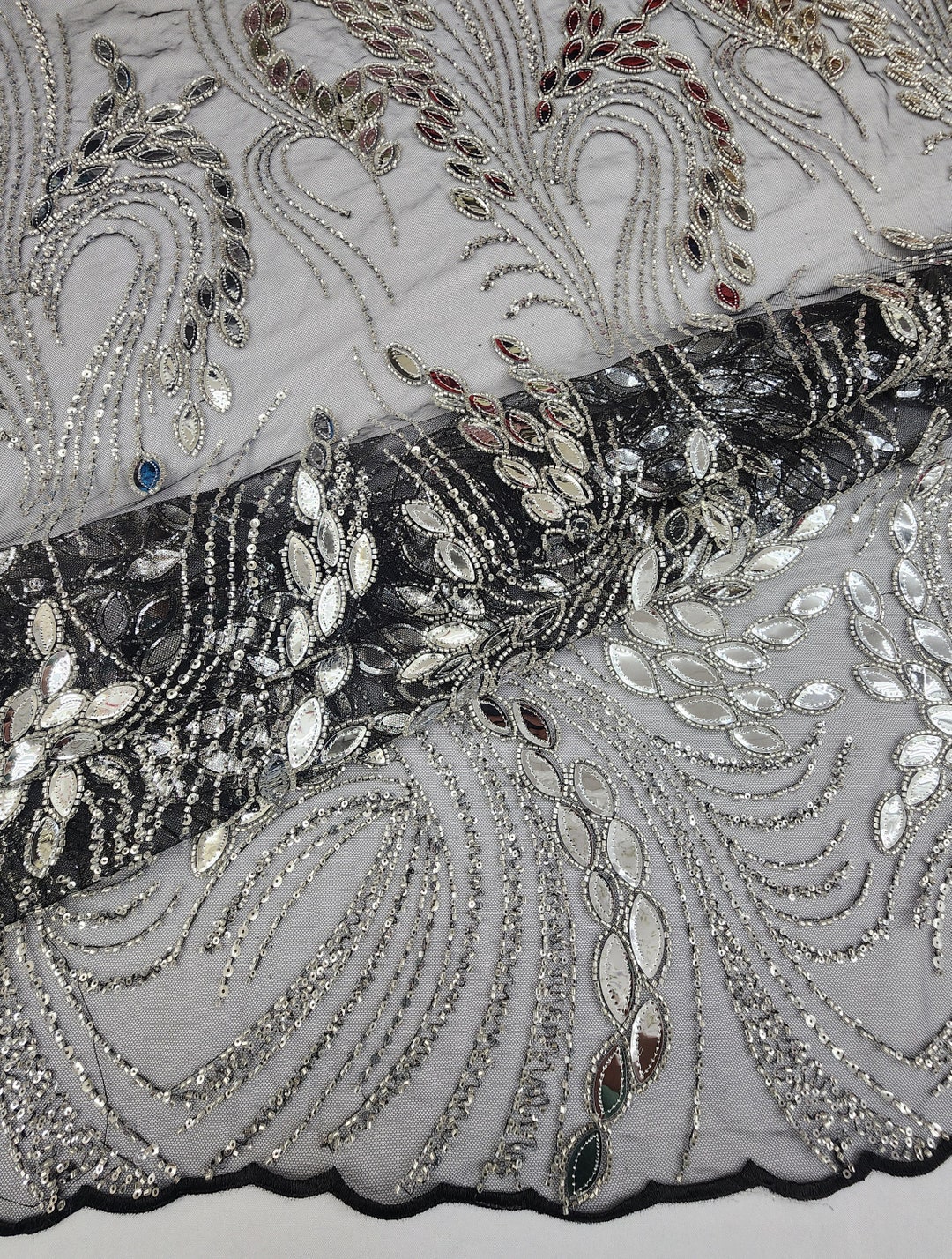Black Silver Floral Embroidery With Beads and Sequins on Mesh Lace ...