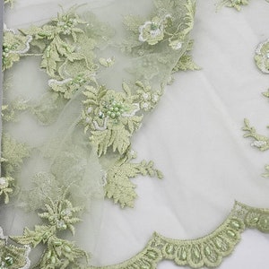 Sage Green Floral Embroidery With Beads and Sequins on Mesh Lace Fabric ...