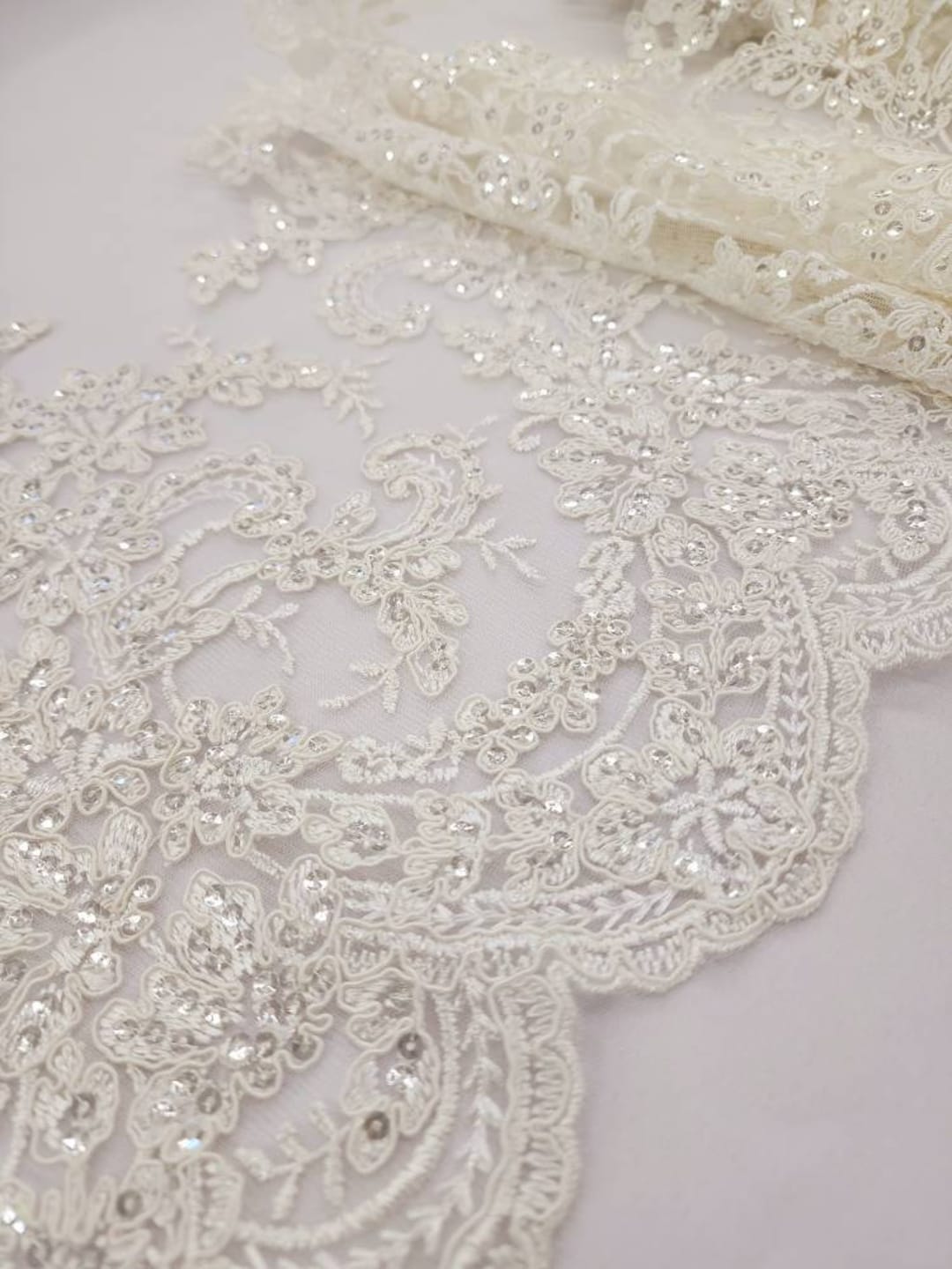 IVORY Lace Trim Fabric Corded Floral Scalloped Bridal Wedding Veil Lace ...
