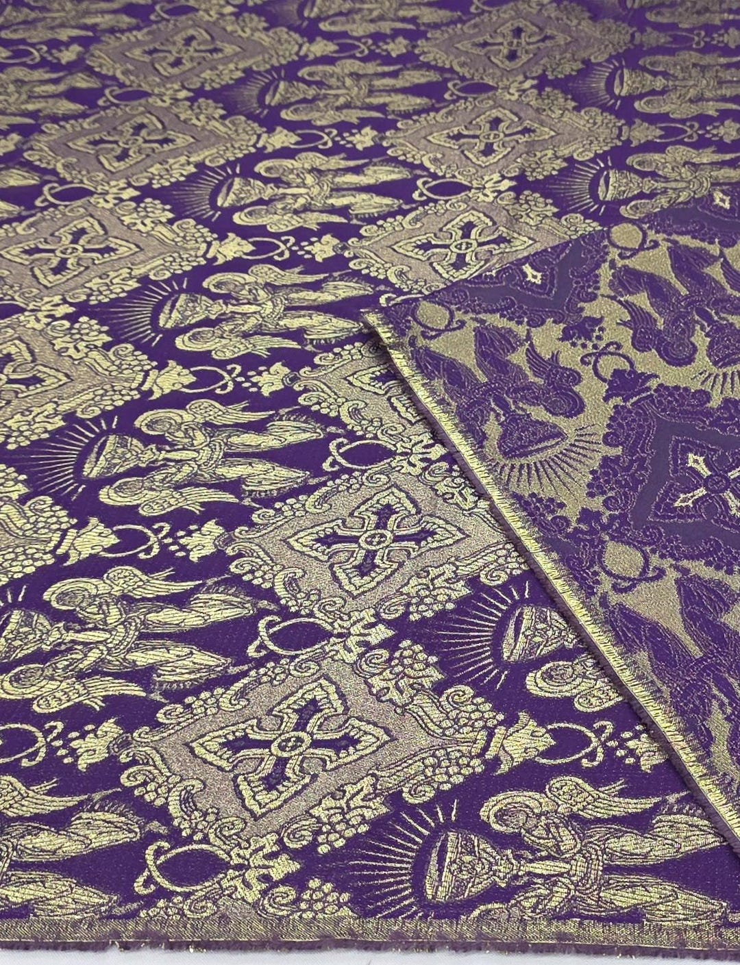 Purple Gold Liturgical Brocade Fabric Angels Cross Ecclesiastical ...