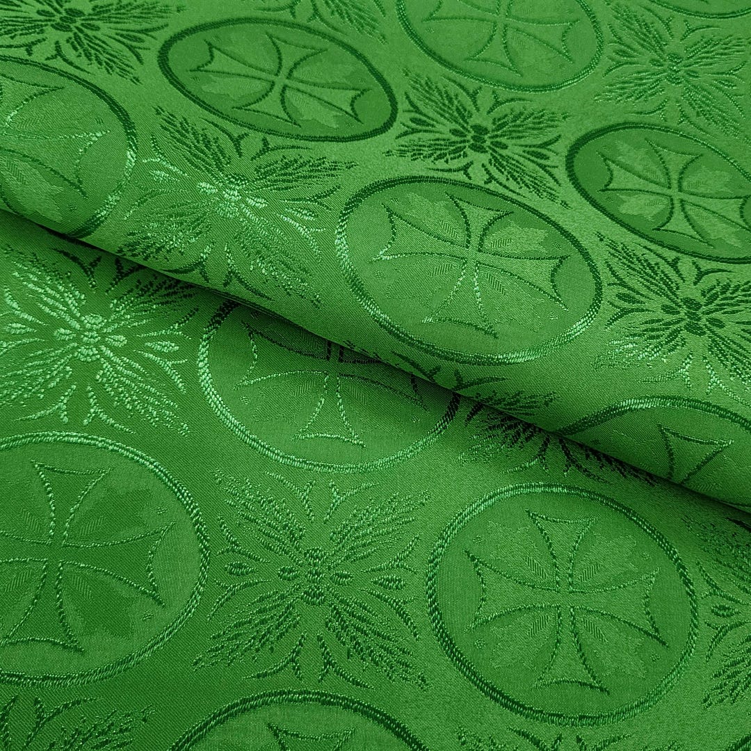 Emerald Green Liturgical Cross Brocade Fabric by the Yard Religious ...