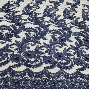 Navy Blue Floral Embroidery With Beads and Sequins on Mesh Lace Fabric ...