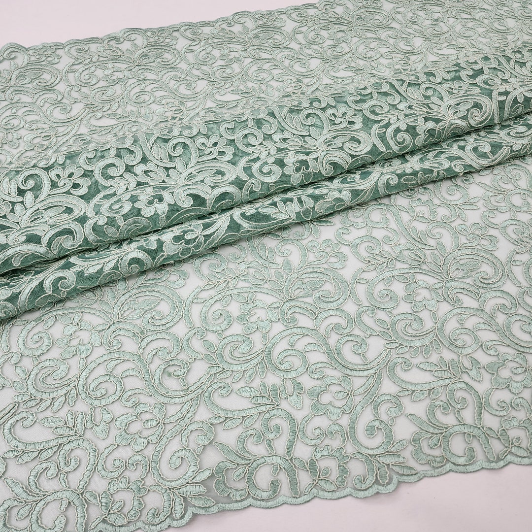 Mint Green Floral Swirl Embroidery on Mesh Royalty Lace Fabric by the ...