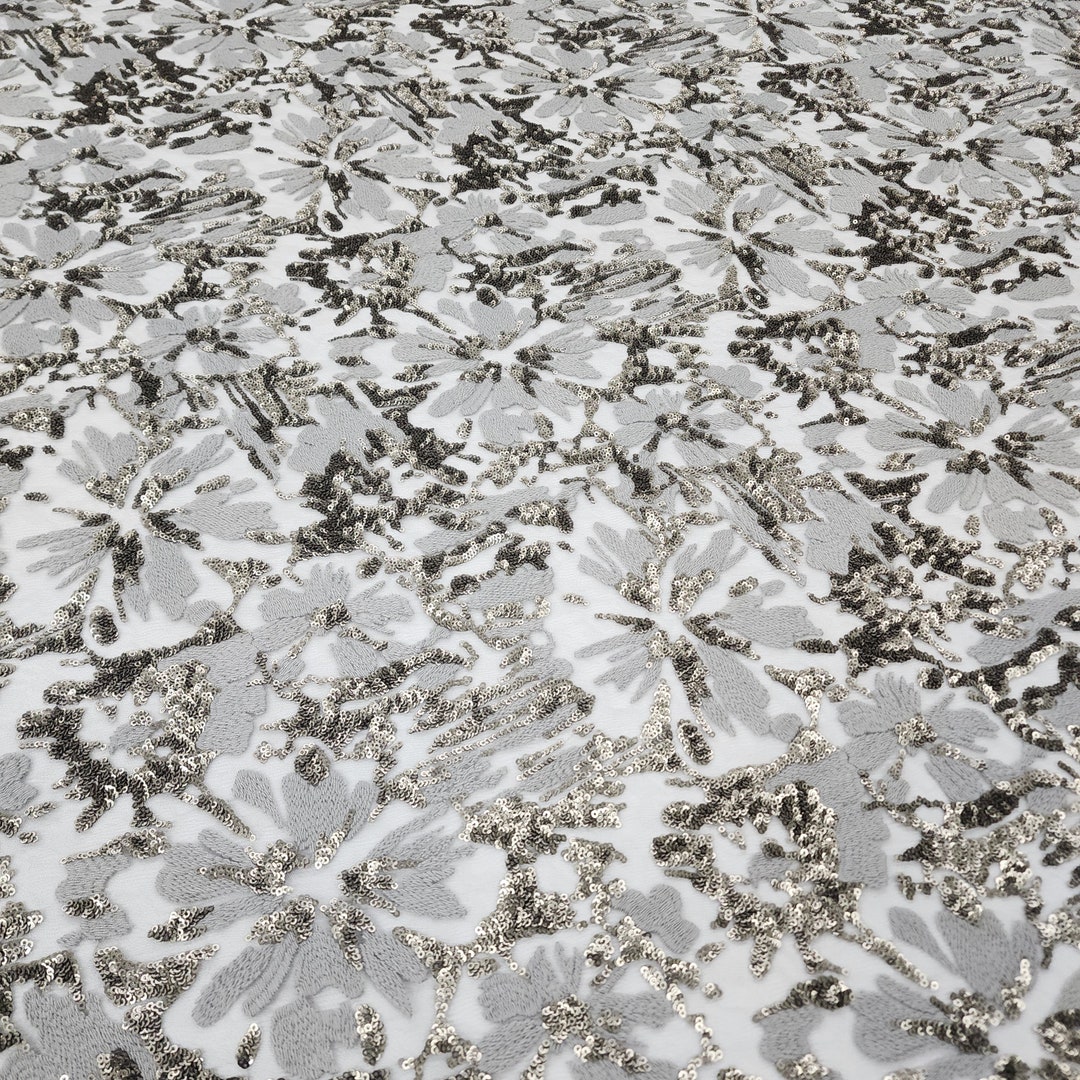 Gray Silver Floral Sequins Pattern on Mesh Lace Fabric by the Yard Two ...