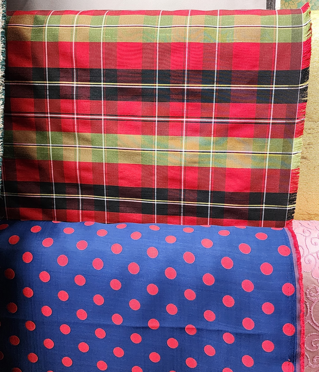 Red Checkered Multicolor Design Jacquard, Red 1" Dots on Navy Blue ...