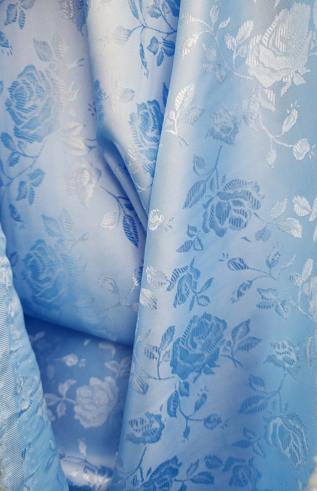 Blue Polyester Floral Jacquard Brocade Satin Fabric By The Yard For