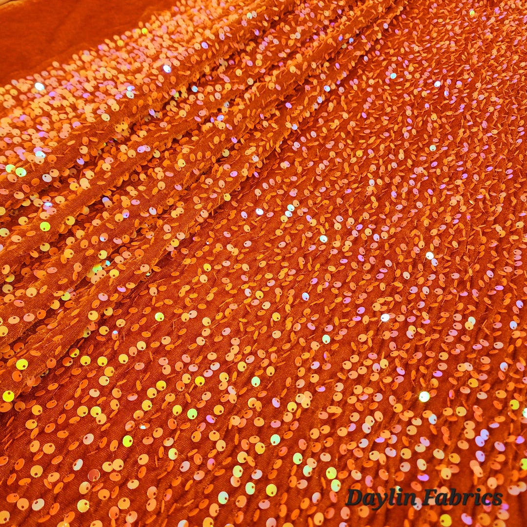 Luxury Orange Overlap Sequins on Orange Stretch Velvet Fabric by the ...