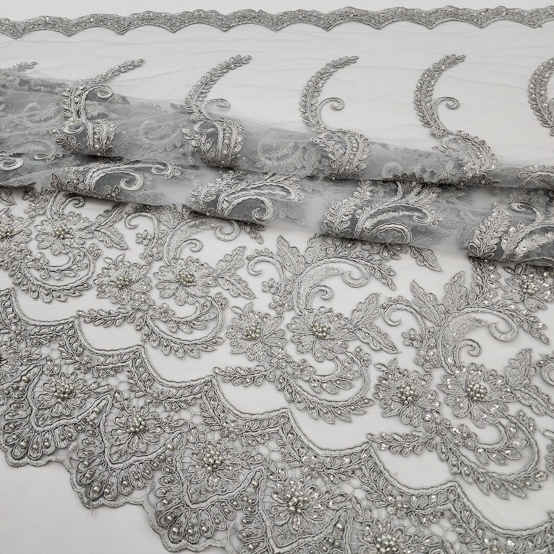 Gray Silver Floral Embroidery With Beads and Sequins on Mesh Lace ...
