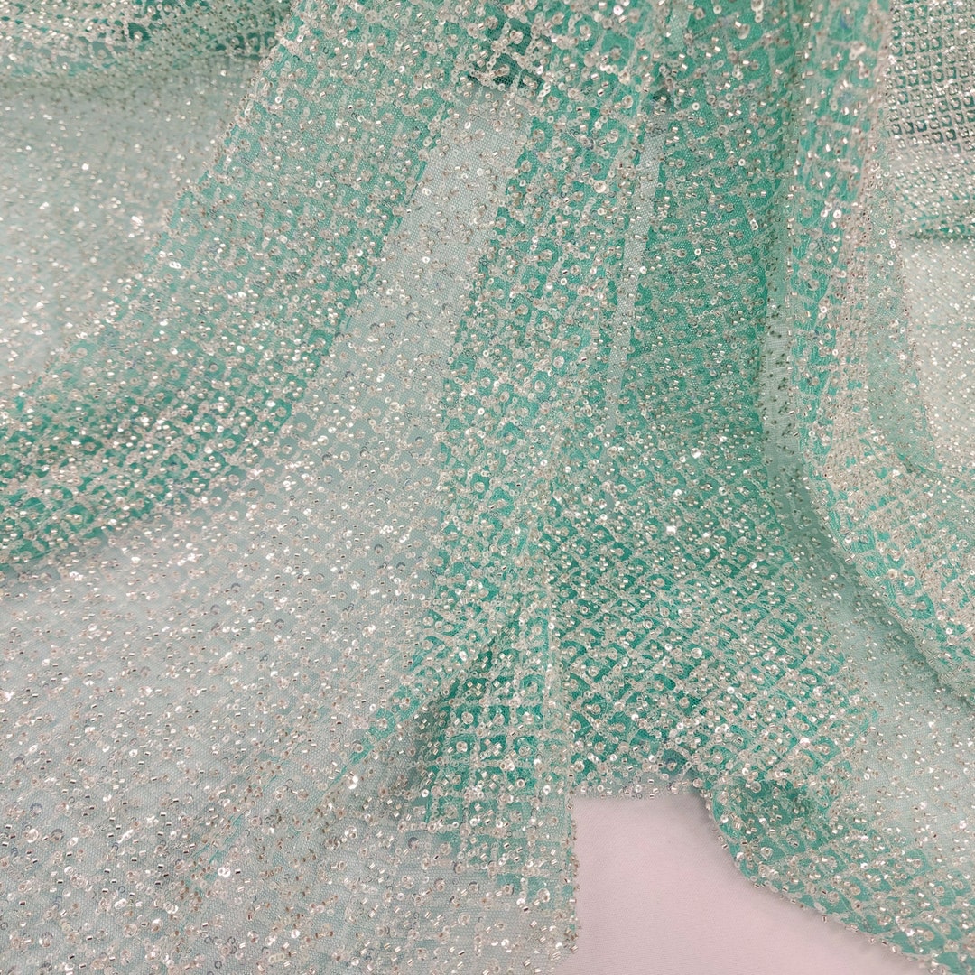 Swiss Ivory Jade Blue Fashion Beaded and Sequins on Mesh Lace Fabric by ...