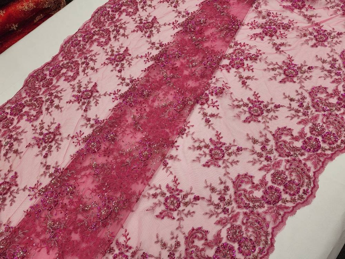 Fuschia Floral Embroidery With Beads and Sequins on Mesh Lace - Etsy