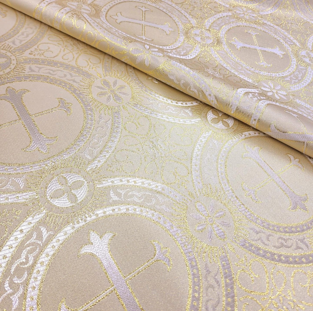 Ivory Gold Liturgical Cross Metallic Fabric Religious Brocade Vestment ...