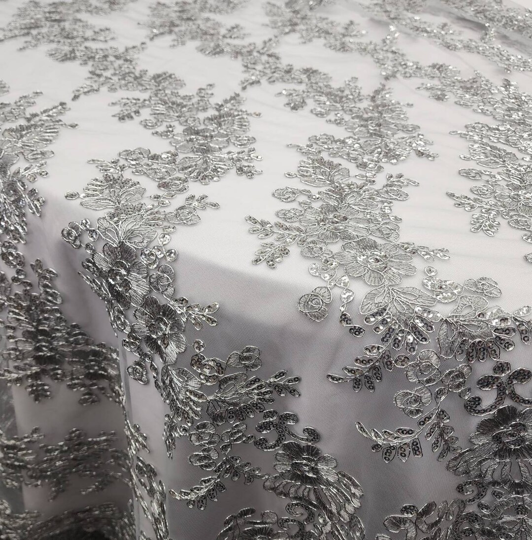 Gray Silver Polyester Floral Embroidery With Sequins on Mesh Lace ...