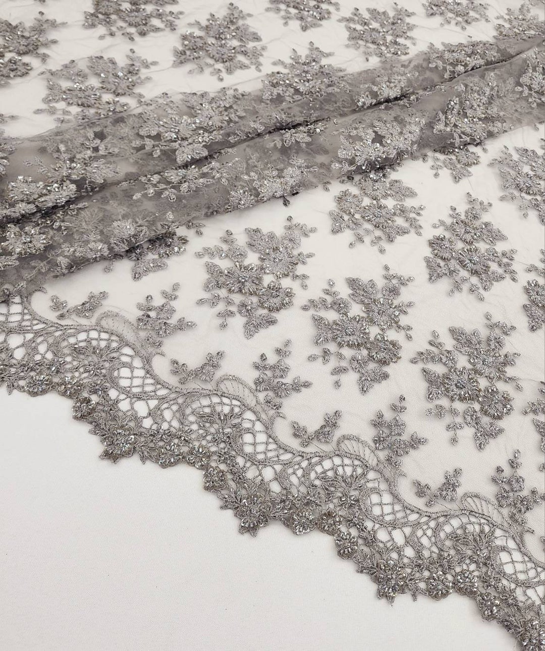GRAY SILVER Floral Embroidery With Beads and Sequins on Mesh Lace ...