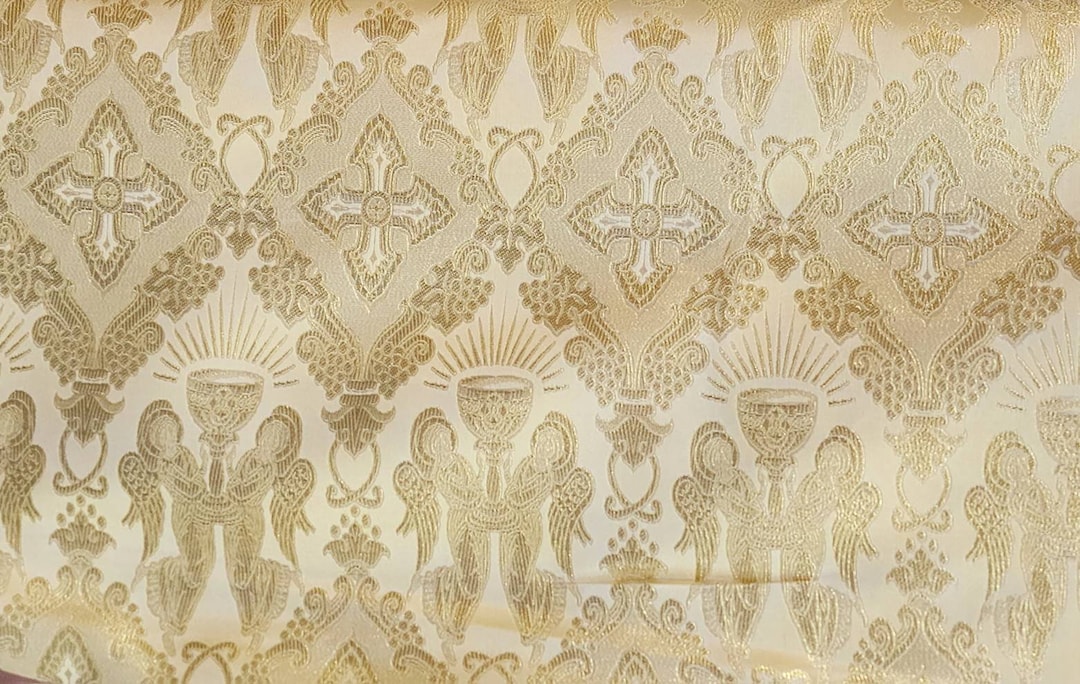 Ivory Gold Religious Brocade, Liturgical, Angels, Ecclesiastical ...