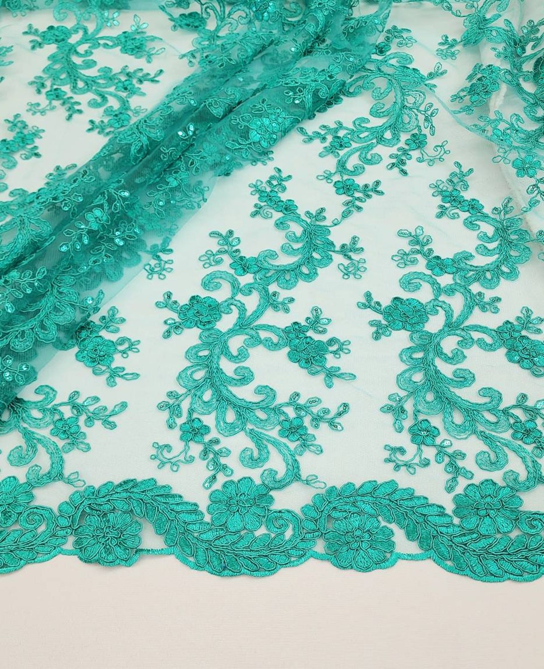 Jade Polyester Floral Embroidery With Sequins on Mesh Lace Fabric by ...