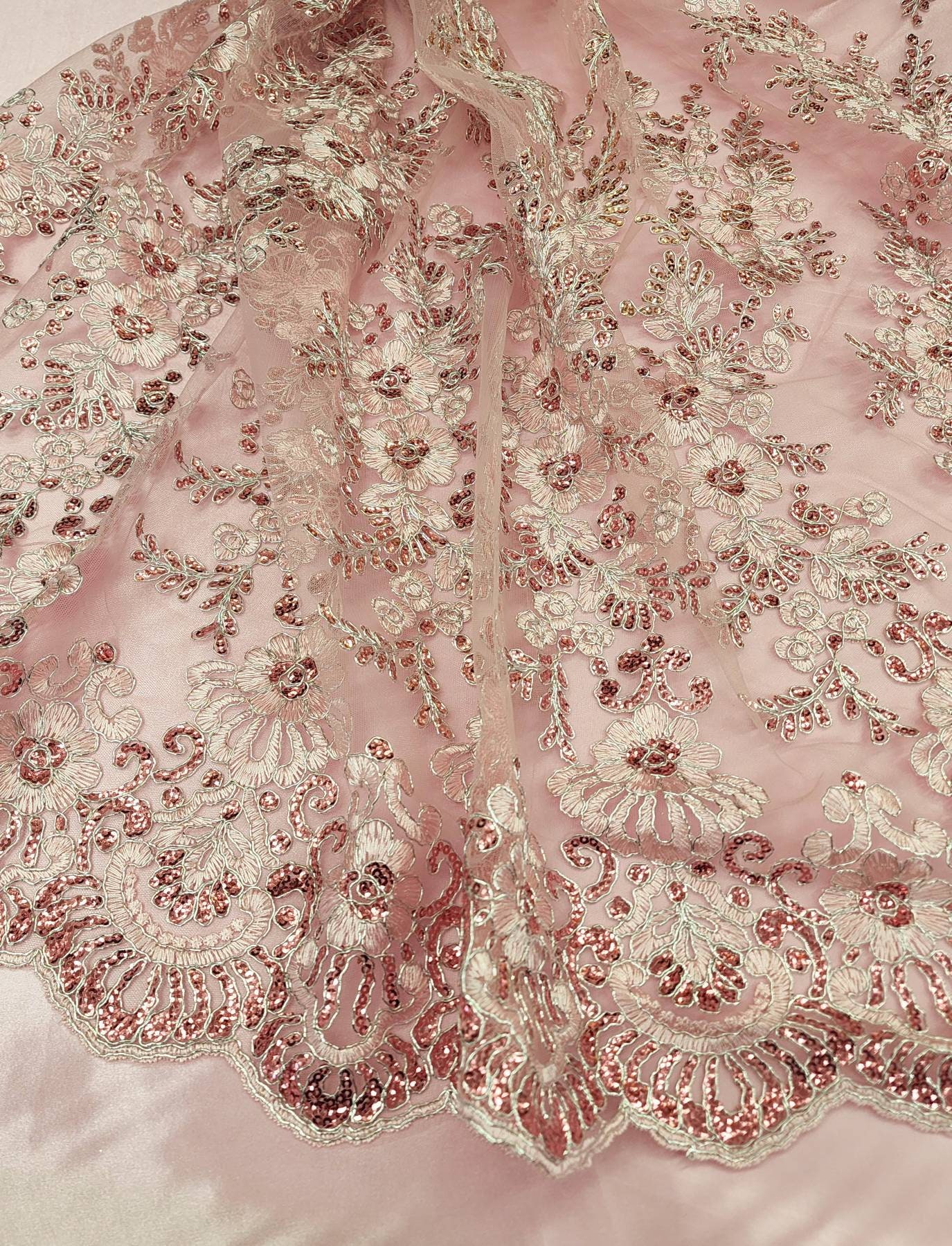 Pink Blush Polyester Floral Embroidery With Sequins on Mesh - Etsy