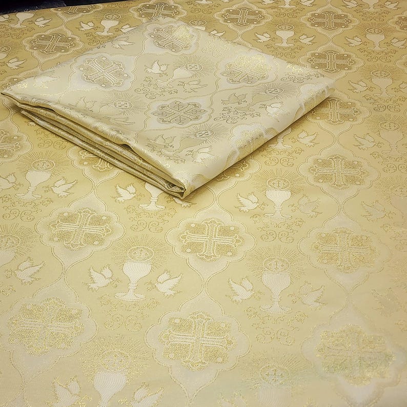 Ivory Gold Liturgical Cross Jacquard Fabric Religious Brocade ...