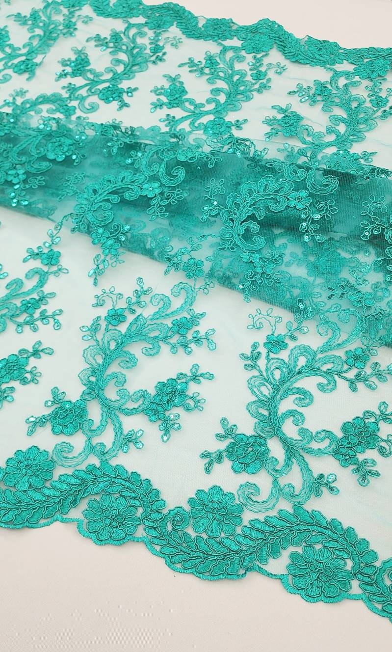Jade Polyester Floral Embroidery With Sequins on Mesh Lace - Etsy
