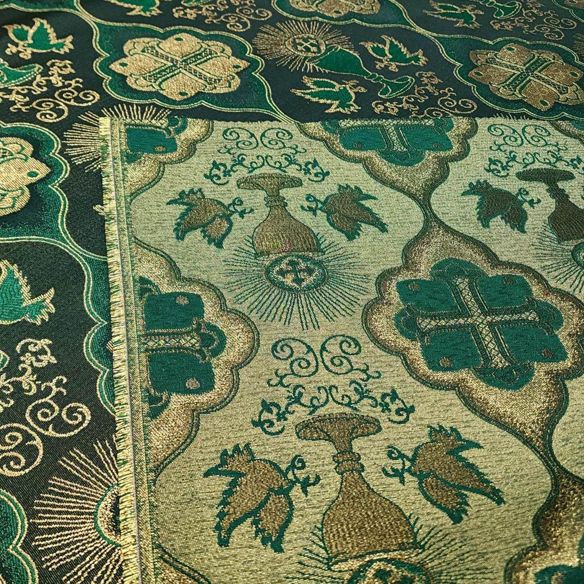 Hunter Green Gold Liturgical Cross Jacquard Fabric Religious Brocade ...
