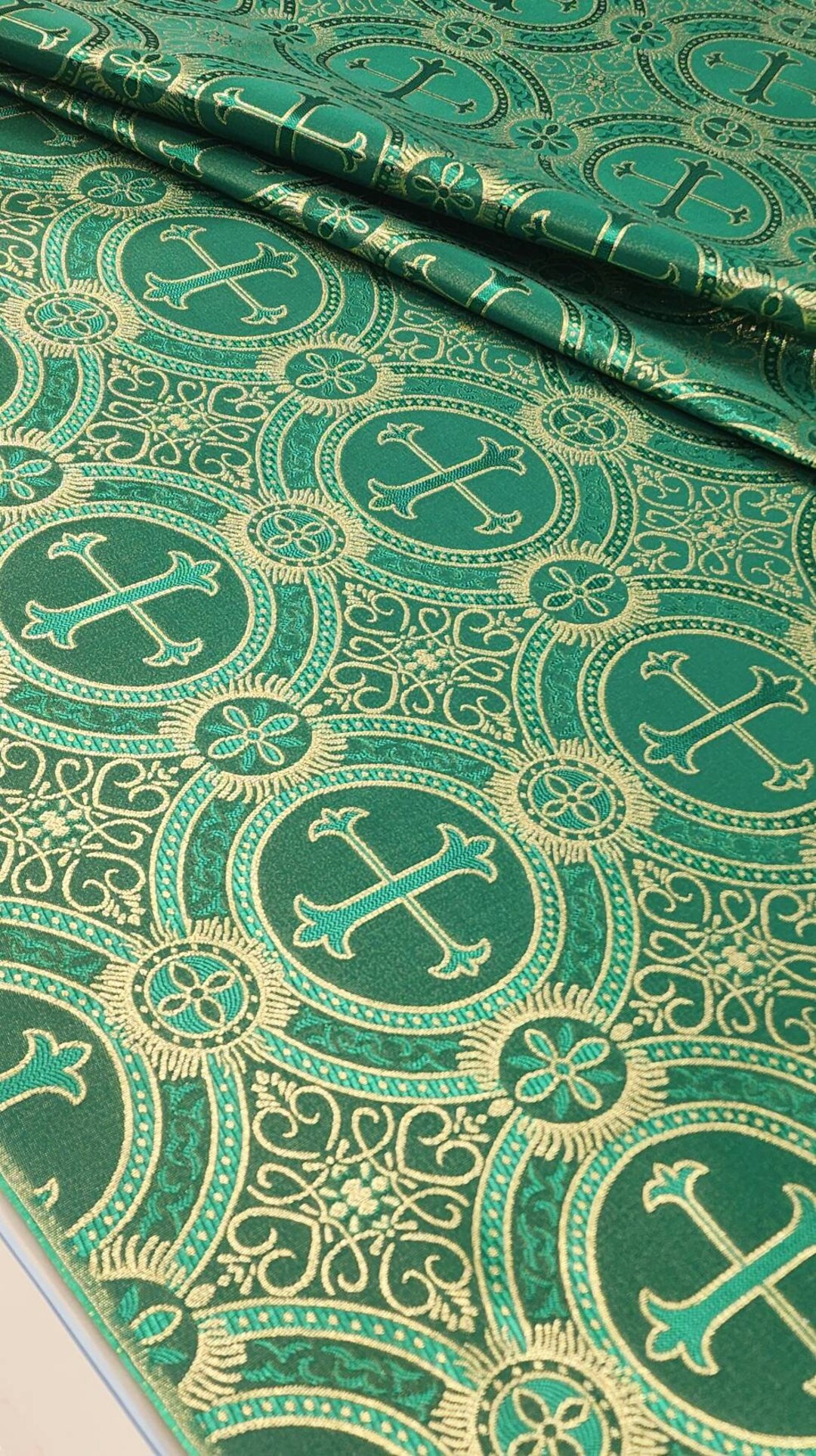 Emerald Green Gold Church Brocade - Liturgical Fabric - Ecclesiastical ...