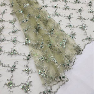 Sage Green Floral Embroidery With Beads and Sequins on Mesh Lace Fabric ...