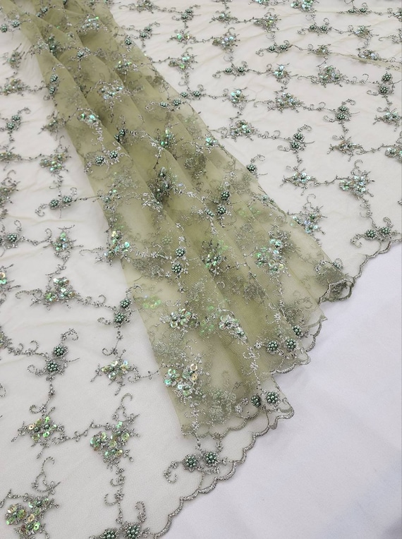 Sage Green Floral Embroidery With Beads and Sequins on Mesh Lace Fabric by the Yard for Bridal Bridesmaid Applique Couture STYLE 251 Etsy Canada