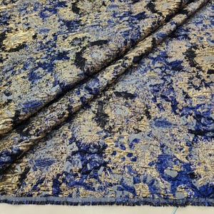 Navy Blue Gold Brocade Fabric Metallic Crinkle Jacquard for Dress ...