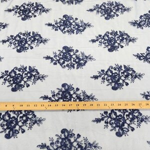 Navy Blue Polyester Floral Embroidery With Sequins on Mesh Lace Fabric ...