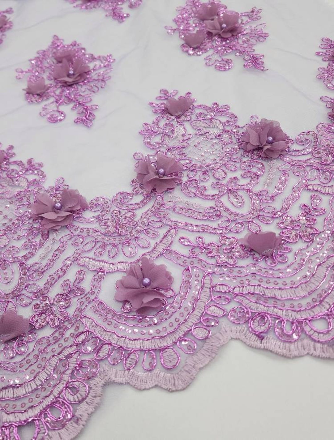 LILAC 3D Polyester Floral Embroidery With Sequins on Mesh Lace Fabric ...