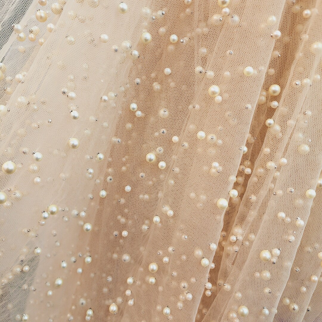 CHAMPAGNE Scattered Pearls Studded Mesh, 2-way Stretch, Sheer, Soft ...