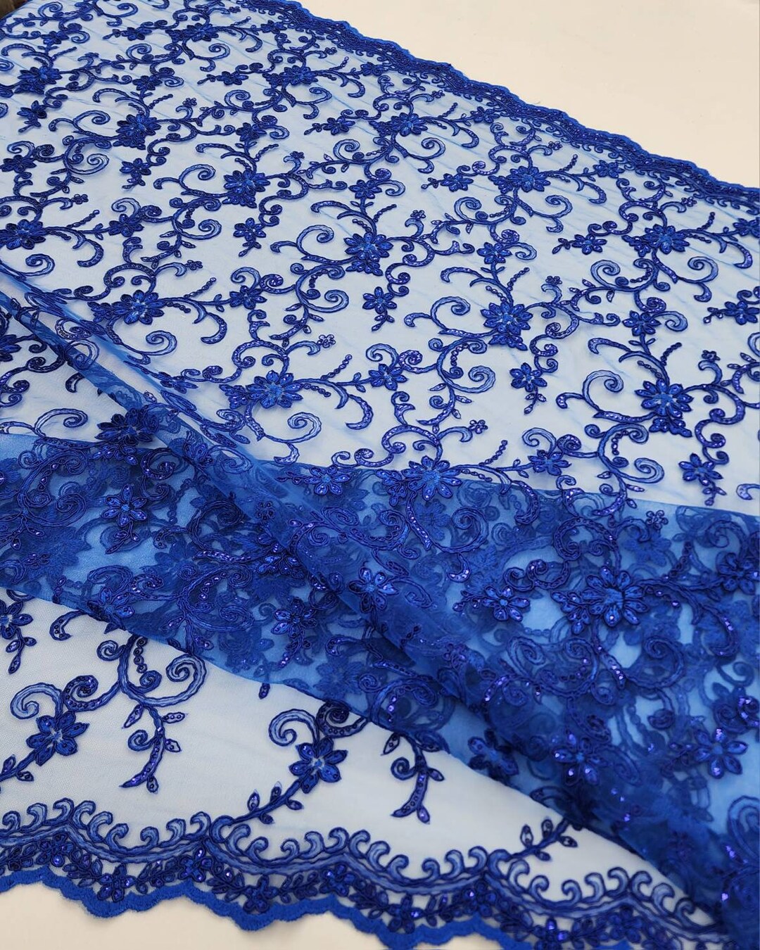 Royal Blue Polyester Floral Embroidery With Sequins on Mesh Lace Fabric ...