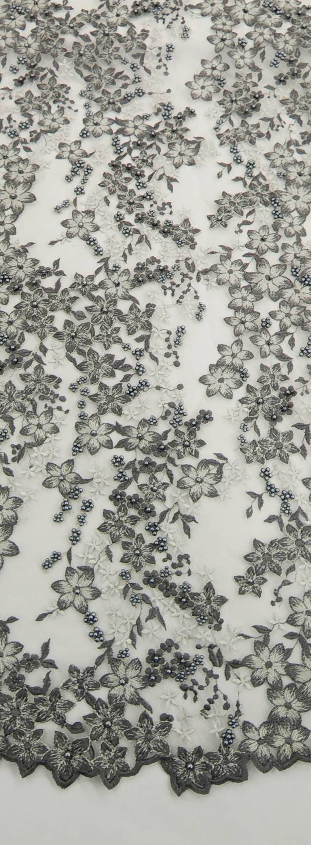 Gray Silver Floral Embroidery With Beads on Mesh Lace Fabric by the ...