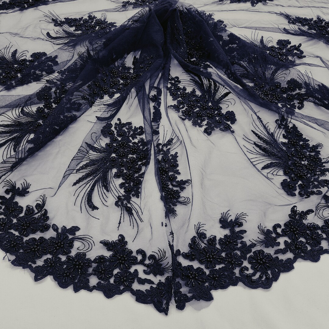 Navy Blue Floral Embroidery Heavy Beaded and Sequins on Mesh Lace ...