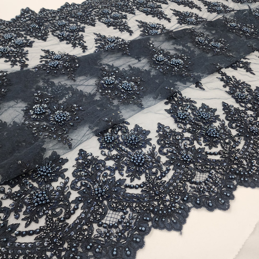 Navy Blue Floral Embroidery With Beads and Sequins on Mesh Lace Fabric ...