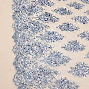 Baby Blue Floral Embroidery With Beads and Sequins on Mesh Lace Fabric ...