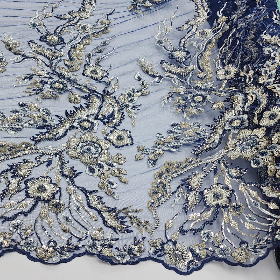 Navy Blue Floral Embroidery With Beads and Sequins on Mesh Lace Fabric ...