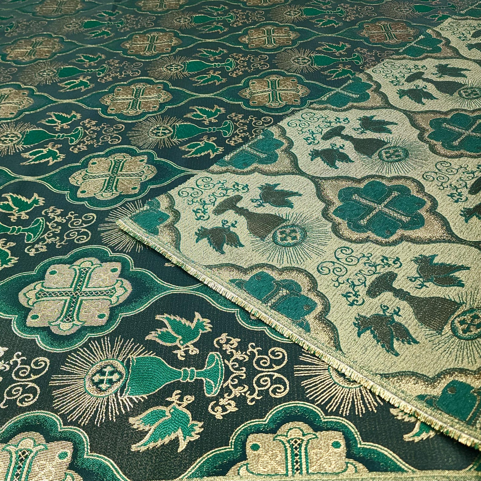 Hunter Green Gold Liturgical Cross Jacquard Fabric Religious Brocade ...